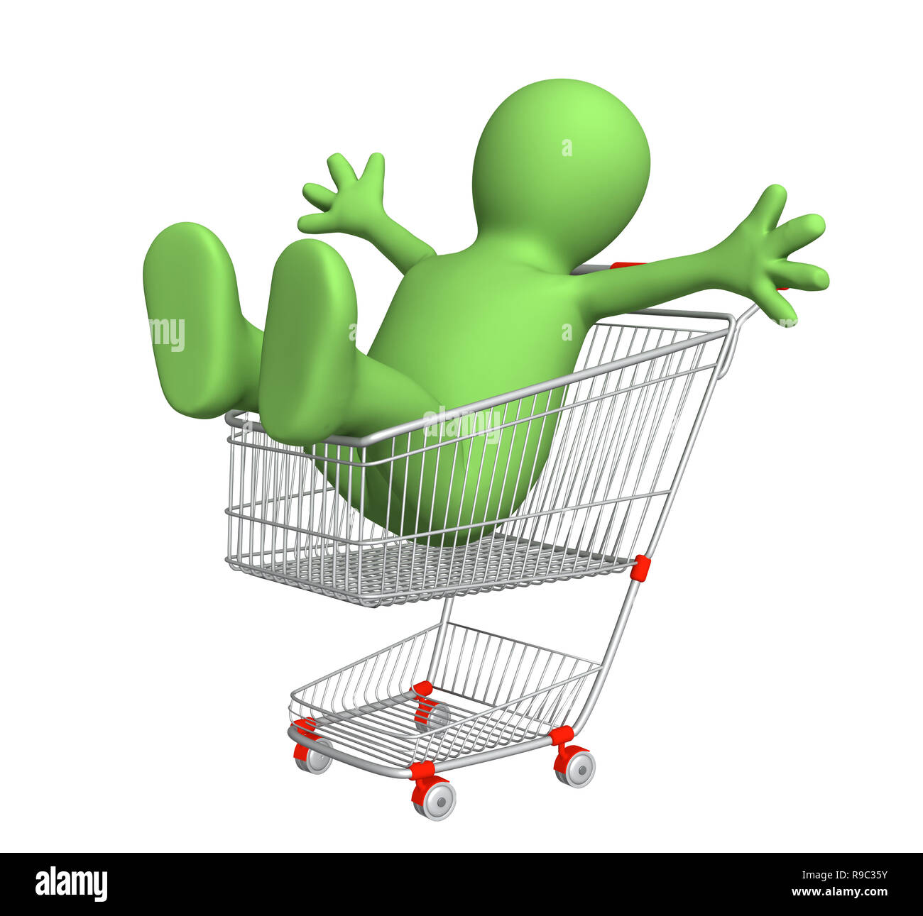 Happy puppet in shopping cart. Isolated over white Stock Photo - Alamy