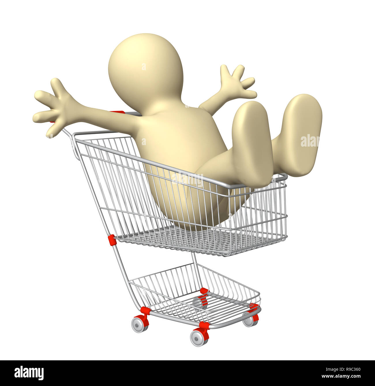 Happy puppet in shopping cart. Isolated over white Stock Photo - Alamy