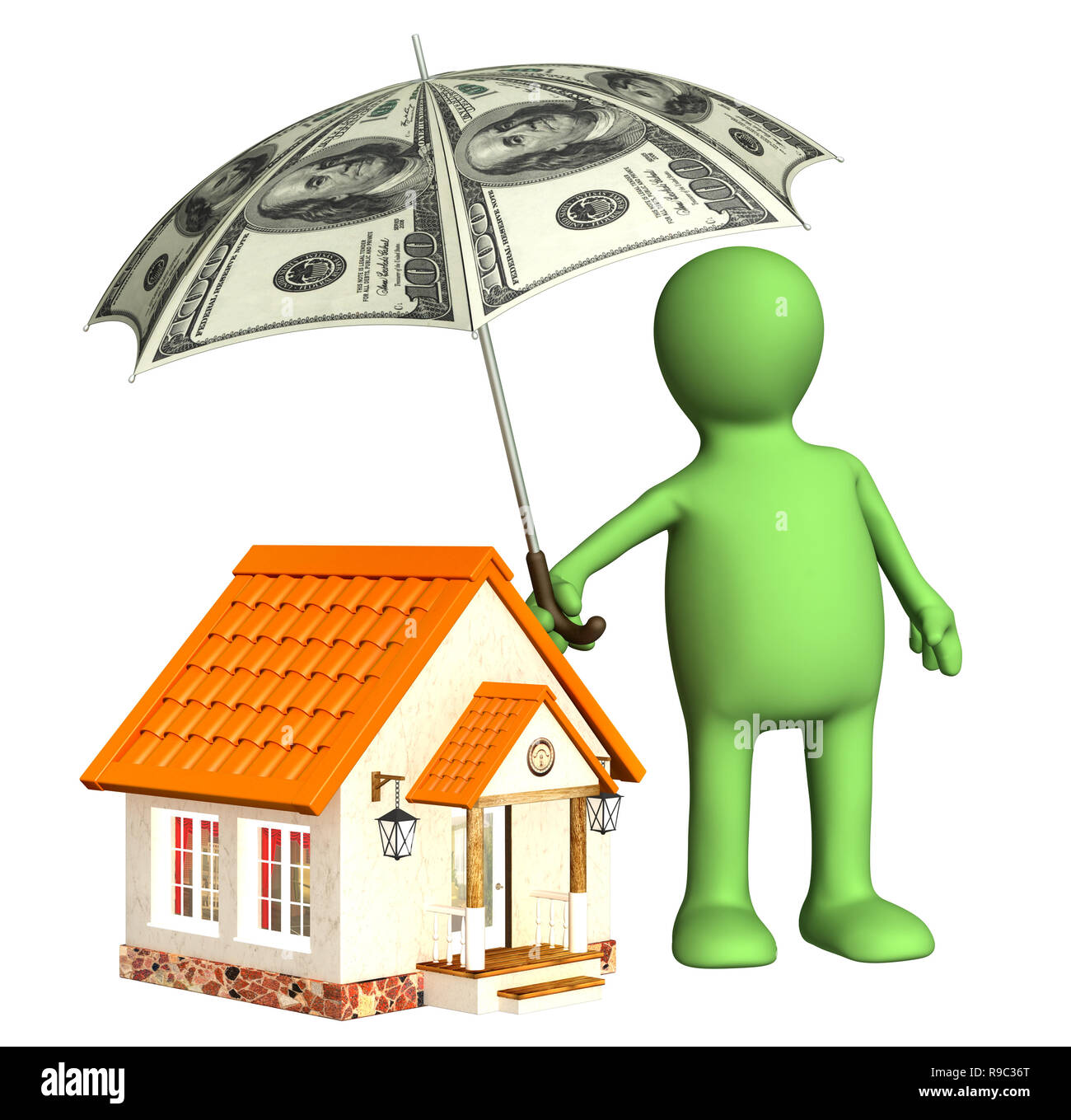 Financial protection. Puppet with umbrella and house Stock Photo - Alamy