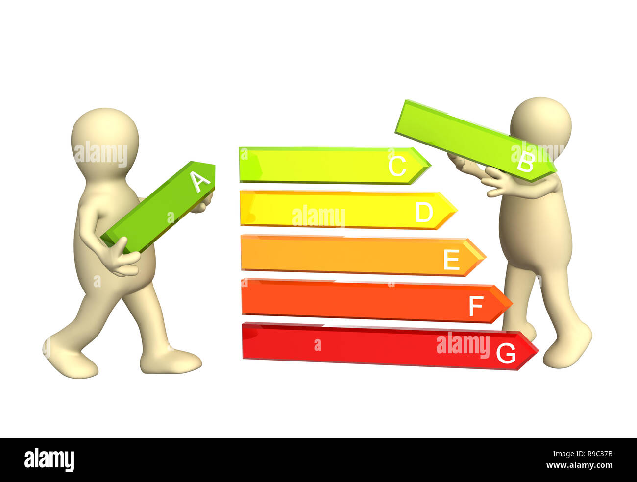 Two puppets with energy efficiency rating. Isolated over white Stock ...