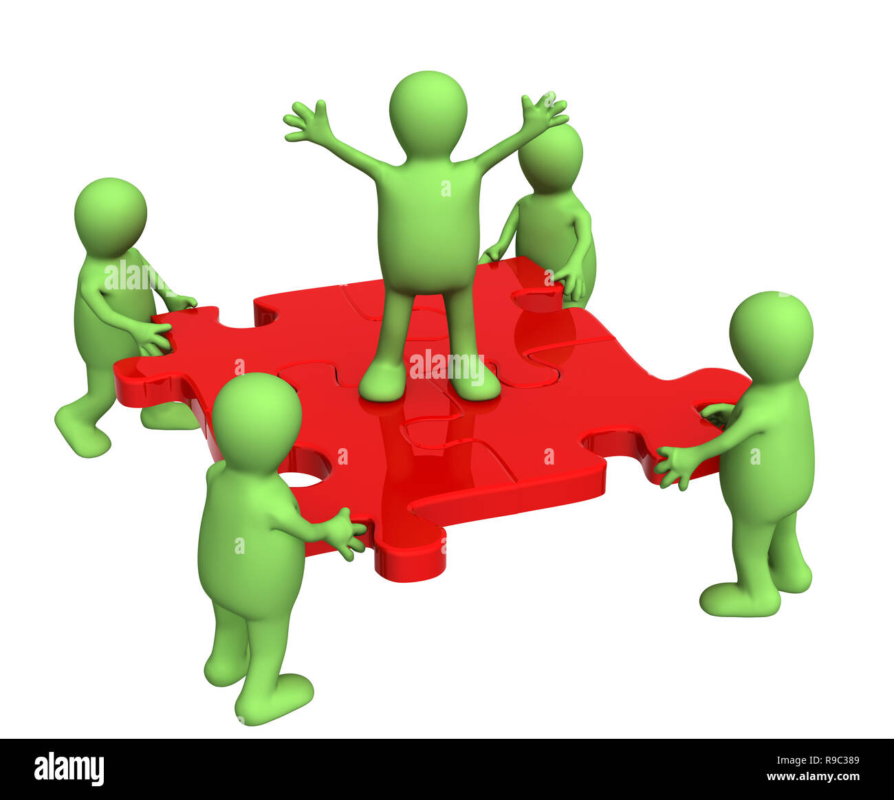 Success of teamwork. Five puppets with puzzles Stock Photo - Alamy