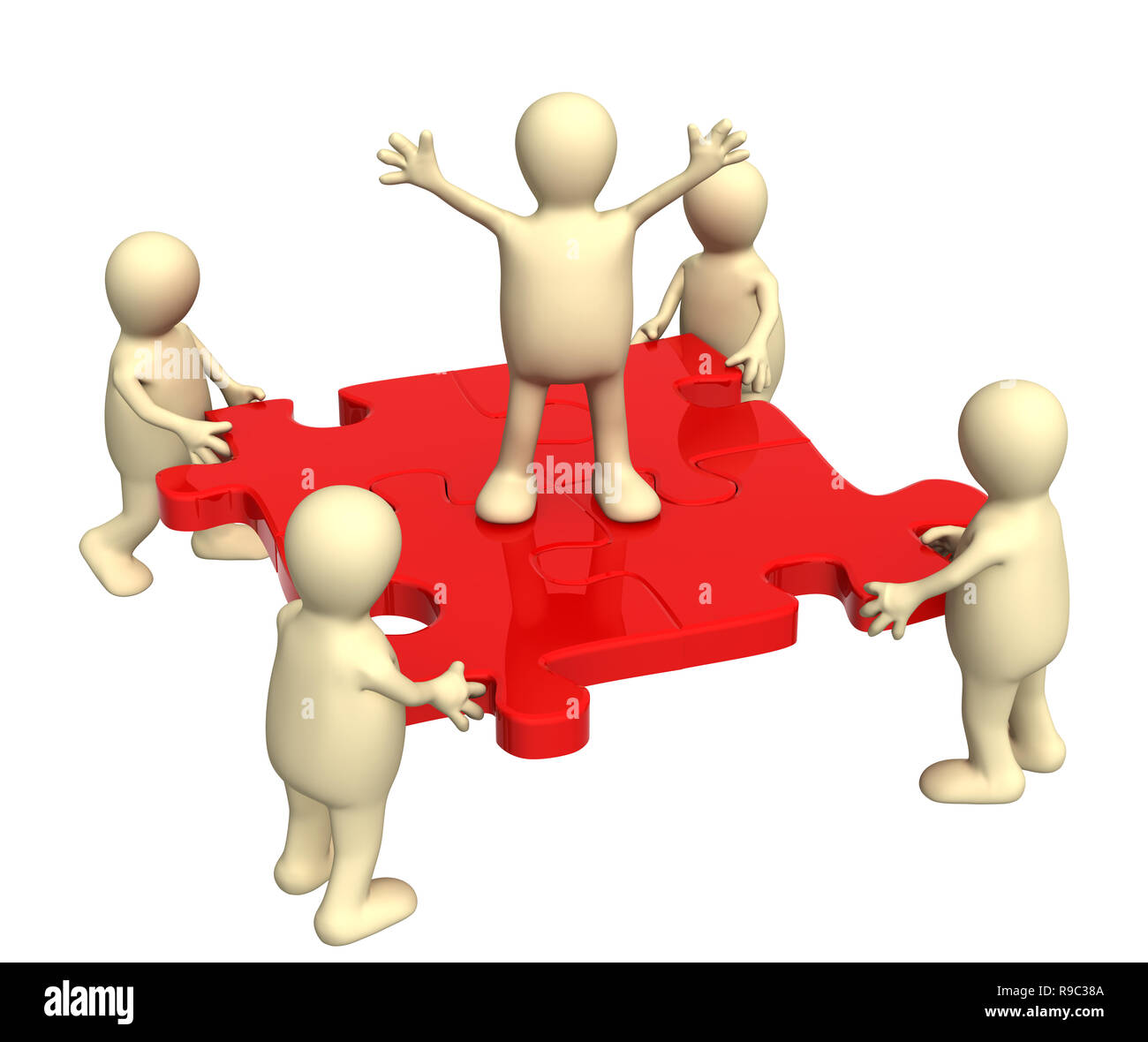 Success of teamwork. Five puppets with puzzles Stock Photo - Alamy