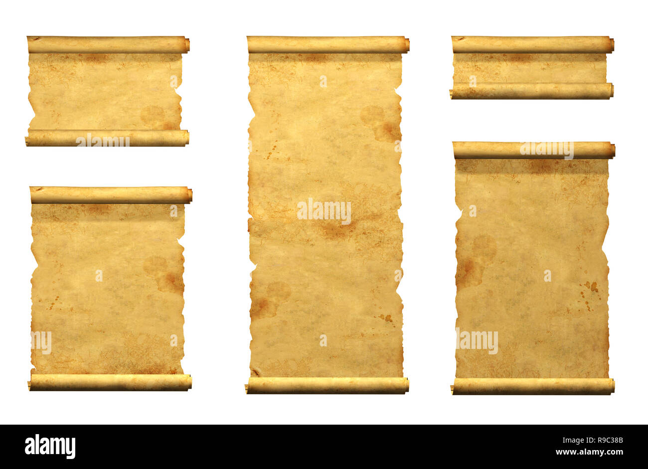 Collection of old parchments. Isolated over white Stock Photo - Alamy