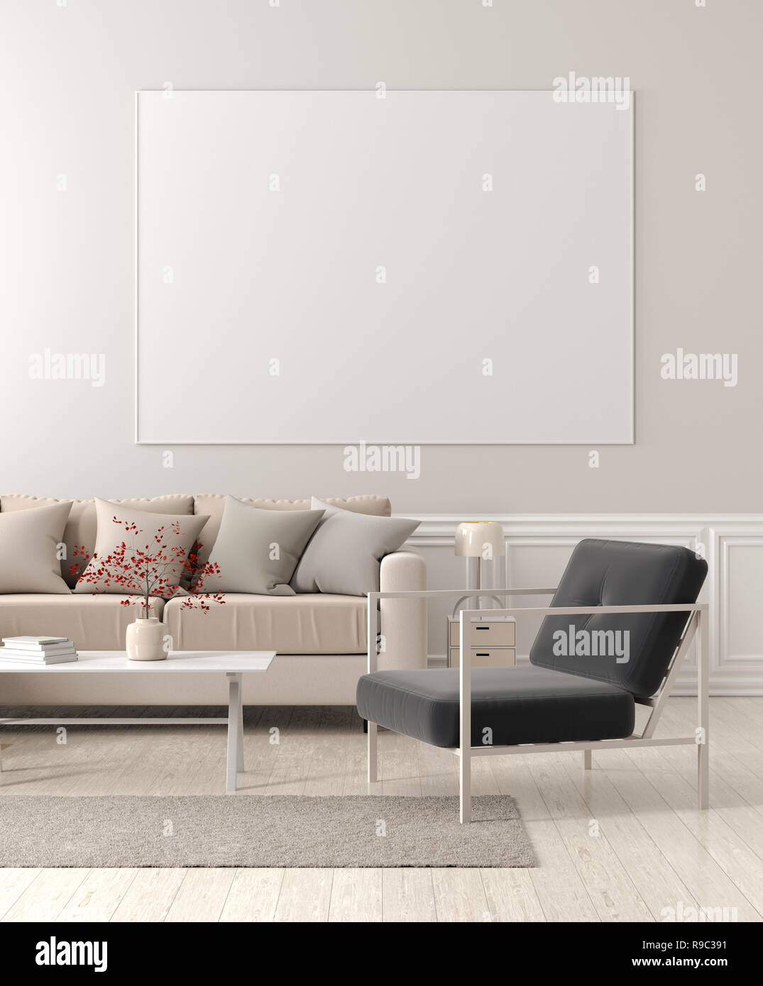 Mock up poster frame in Scandinavian style living room interior. 3D ...