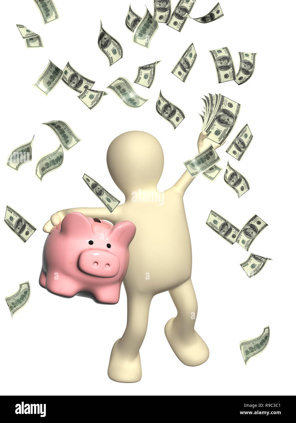 Happy puppet with piggy bank and banknotes of dollars. Isolated on ...