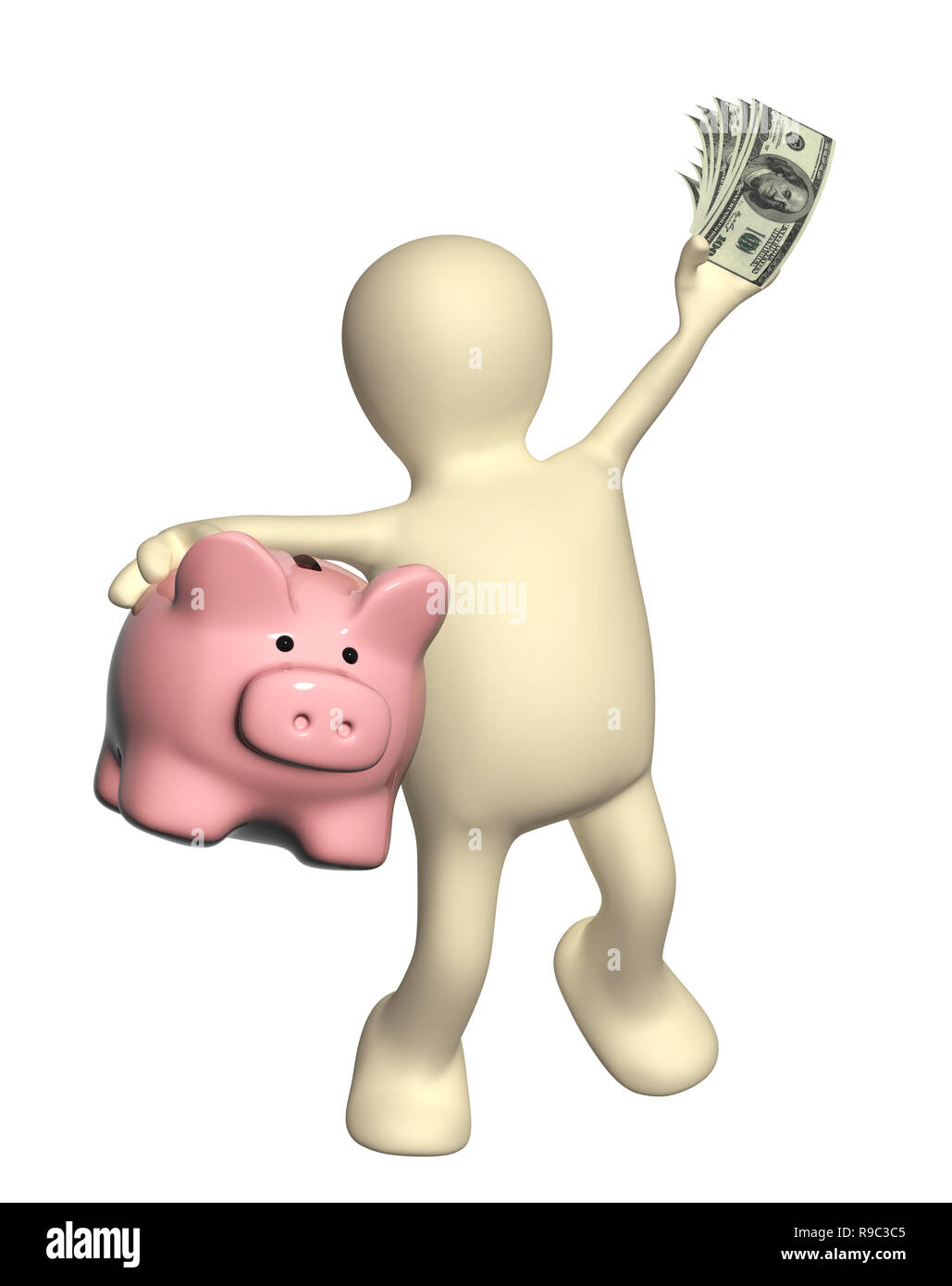 Happy puppet with piggy bank and banknotes of dollars. Isolated on ...