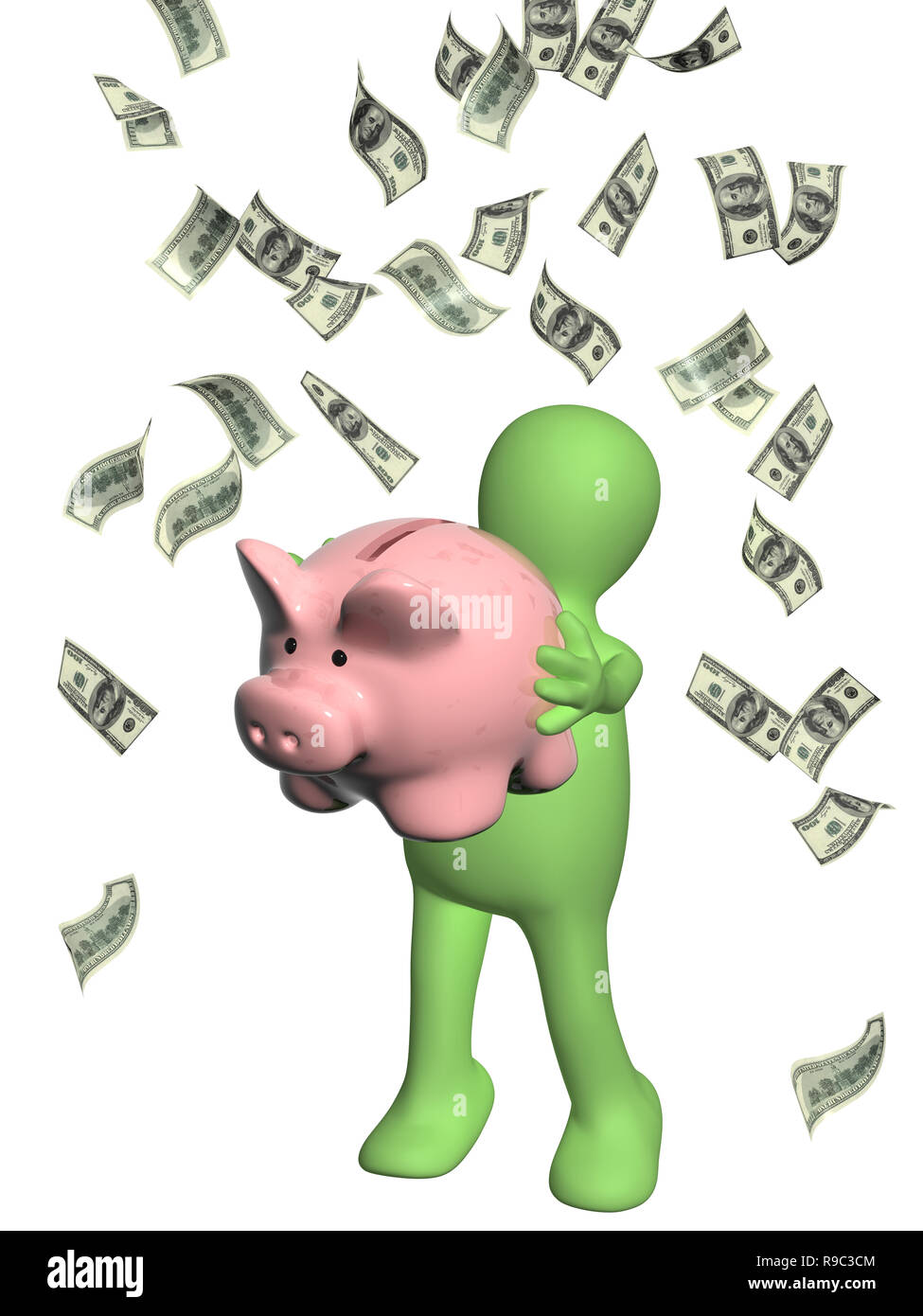 Happy puppet with piggy bank and banknotes of dollars. Isolated on ...