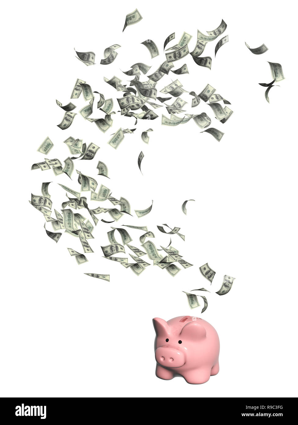 Flying dollar banknotes and piggy bank. Isolated on white background ...