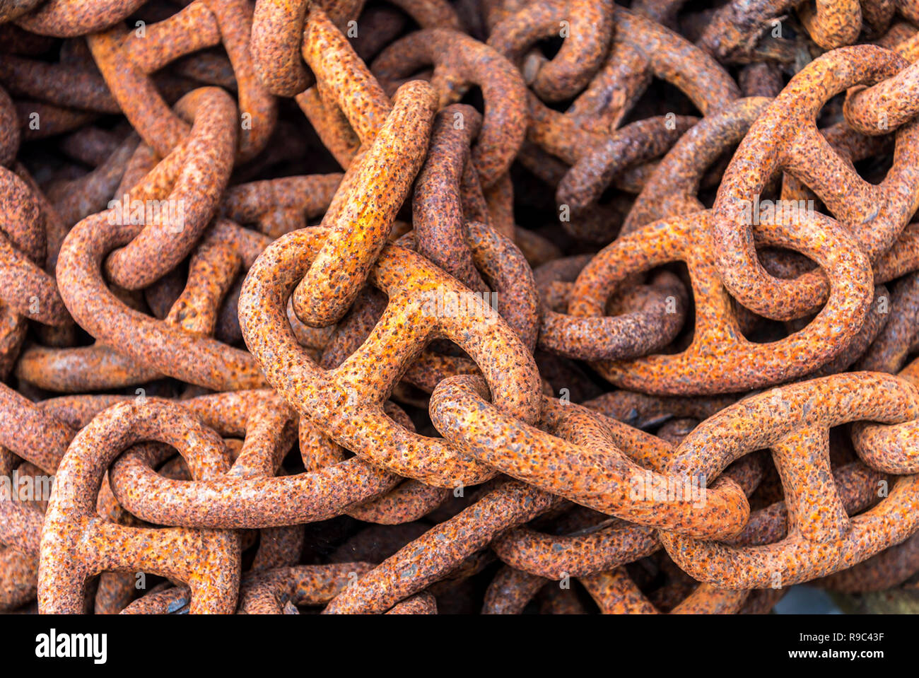 Chain from fishing gear on a pontoon in Newlyn harbour Cornwall UK ...