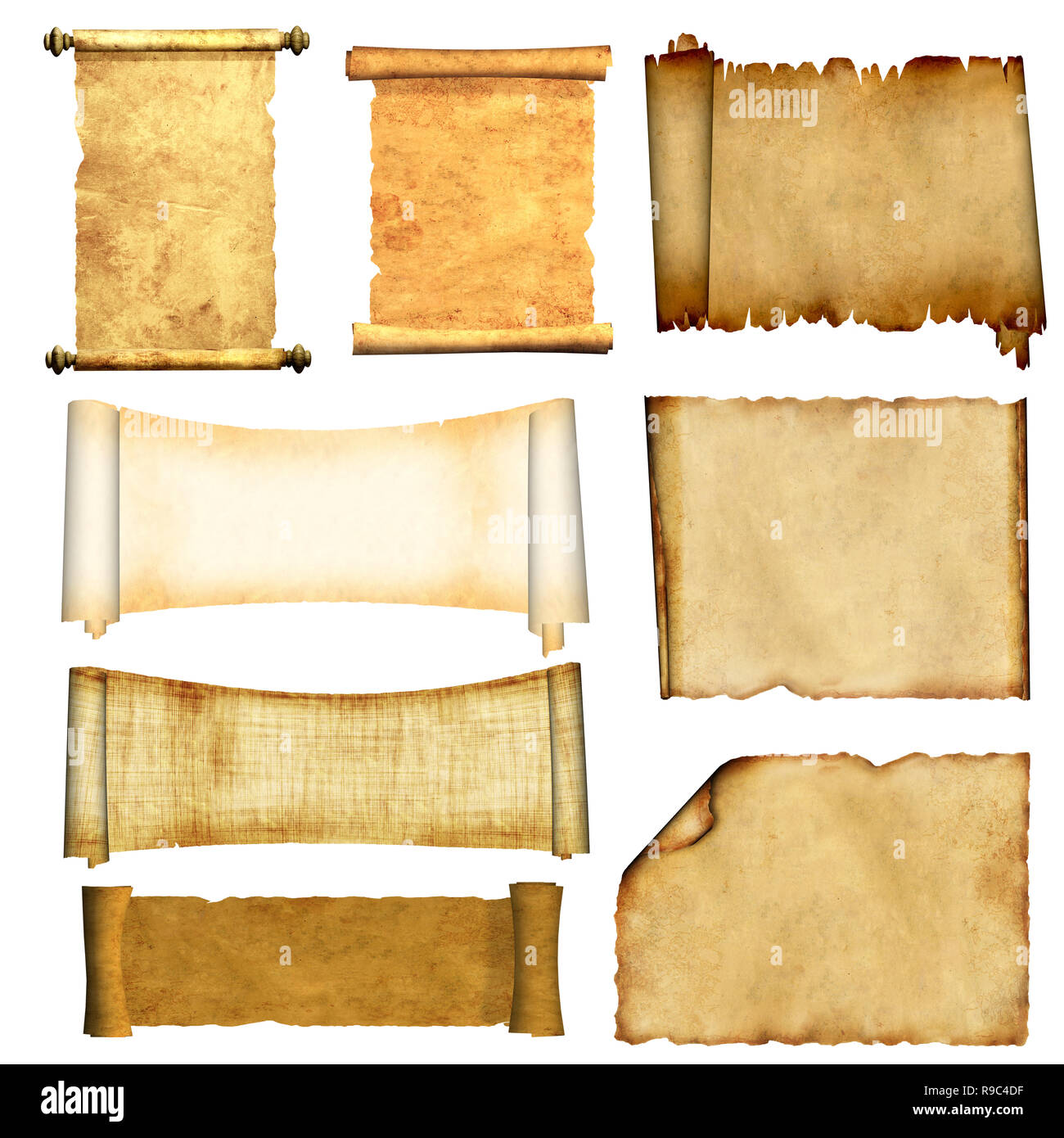 Collection of old scrolls and parchments. Isolated on white background ...