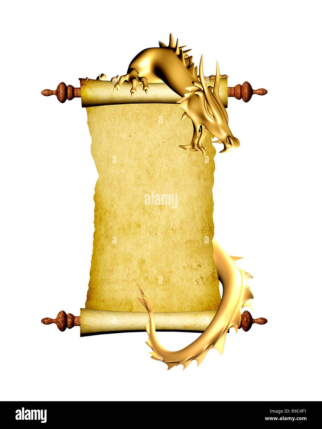 Dragon and scroll of old parchment. Object isolated on white background ...