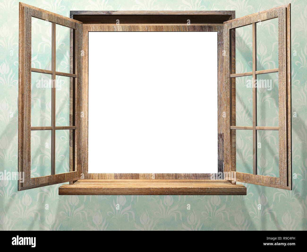 Open wooden window. 3d render Stock Photo - Alamy
