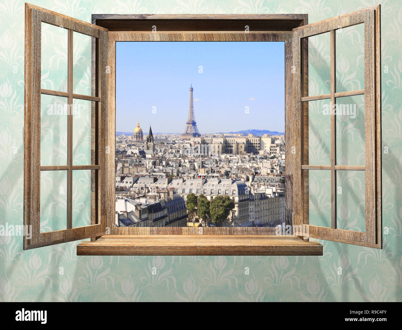 Opened wooden window and view on Eiffel tower, Paris. 3d render Stock ...