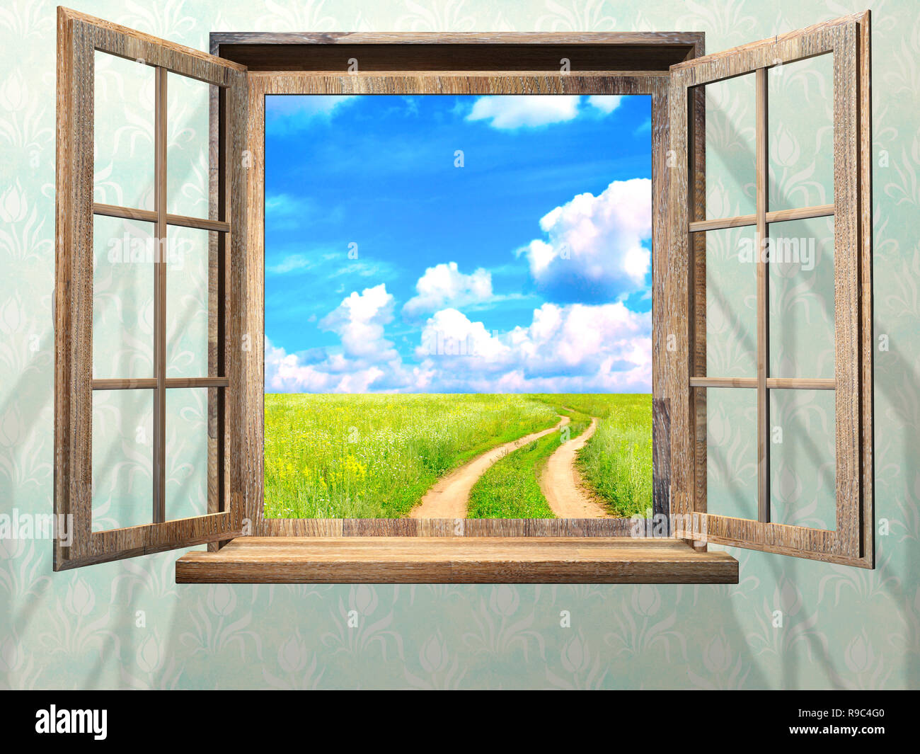 Open window with view on green field, blue sky, white clouds and old ...