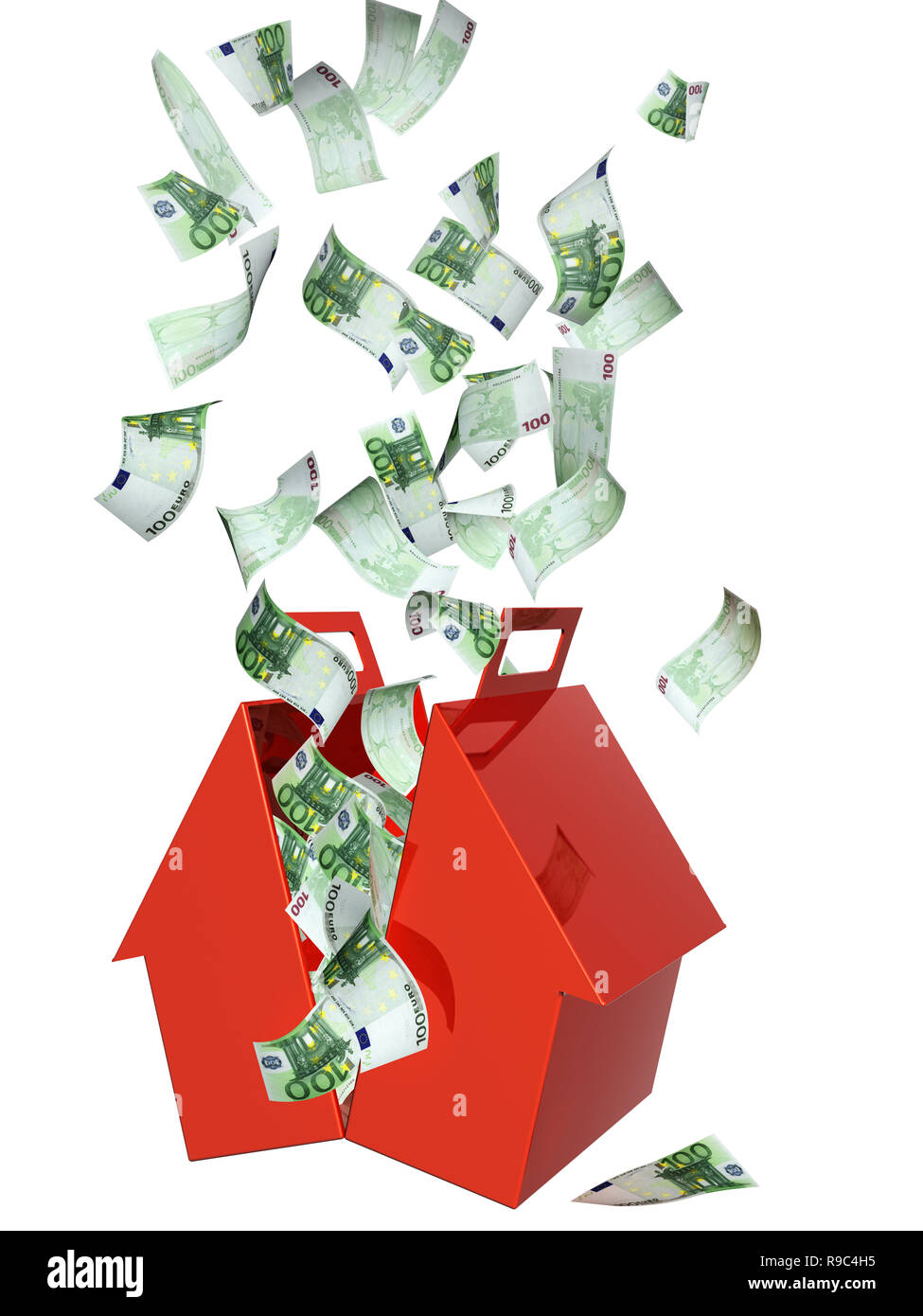 Euro banknotes, falling in house. Isolated on white background. 3d ...