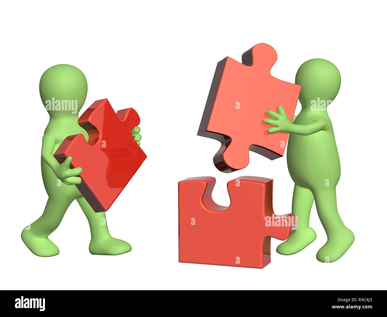 Success of teamwork. Two puppets with multi-colored puzzles. Isolated ...