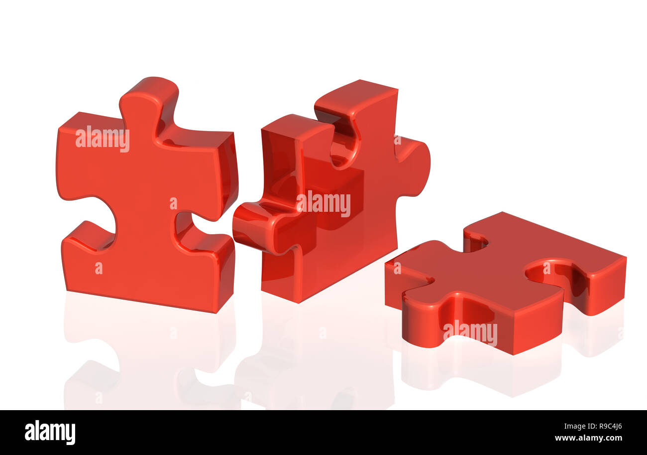Three parts of a puzzle of red color. Objects on glossy white ...