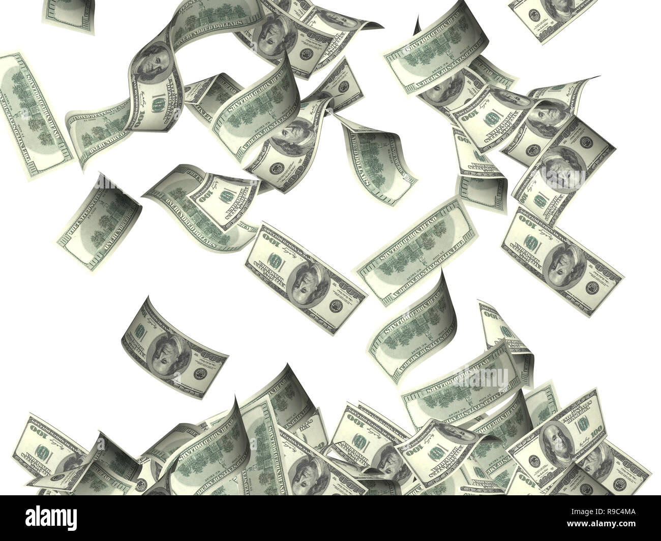 Flying banknotes of hundred dollars. Isolated on white background. 3d ...