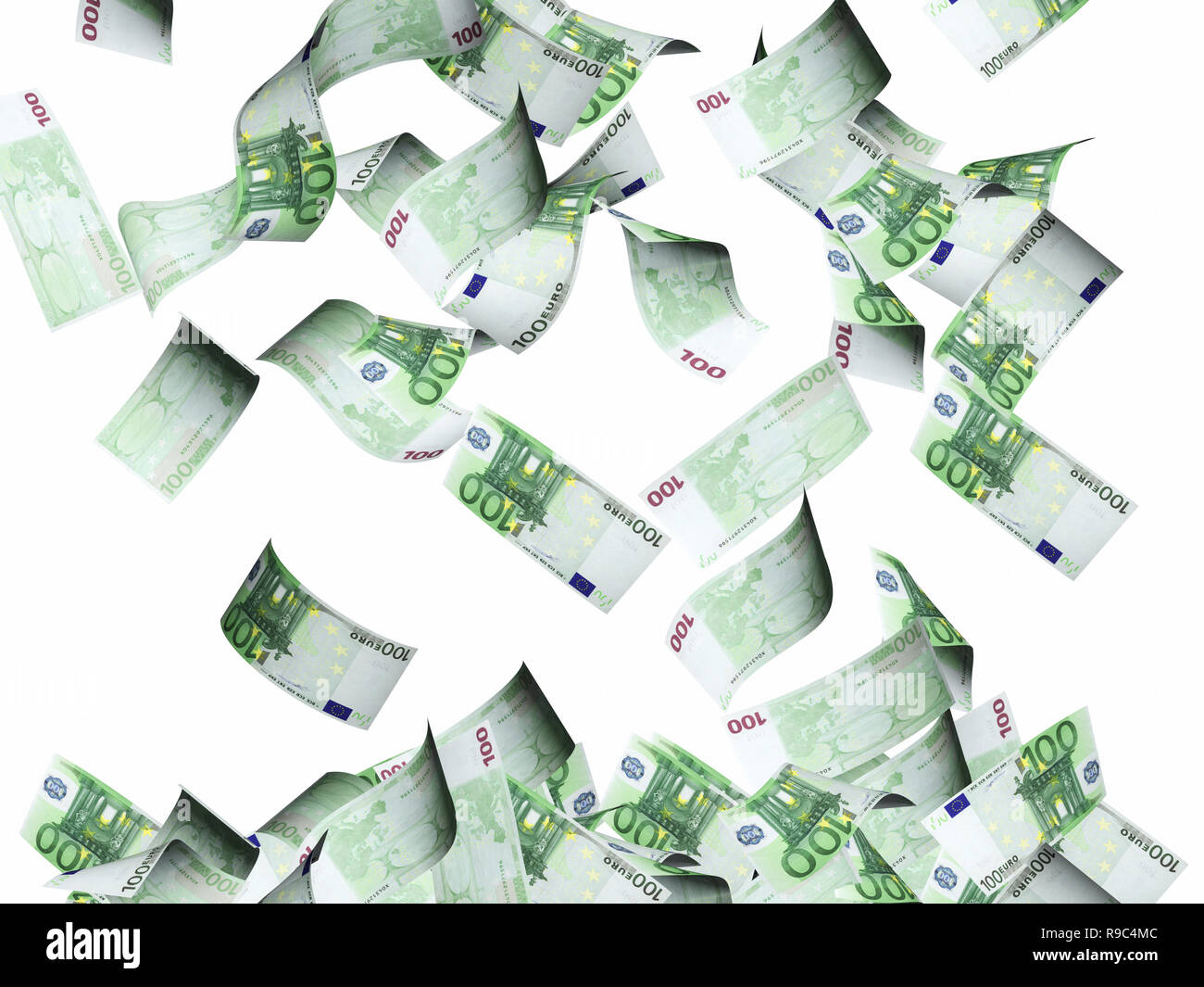 Flying banknotes of hundred euro. Isolated on white background. 3d ...