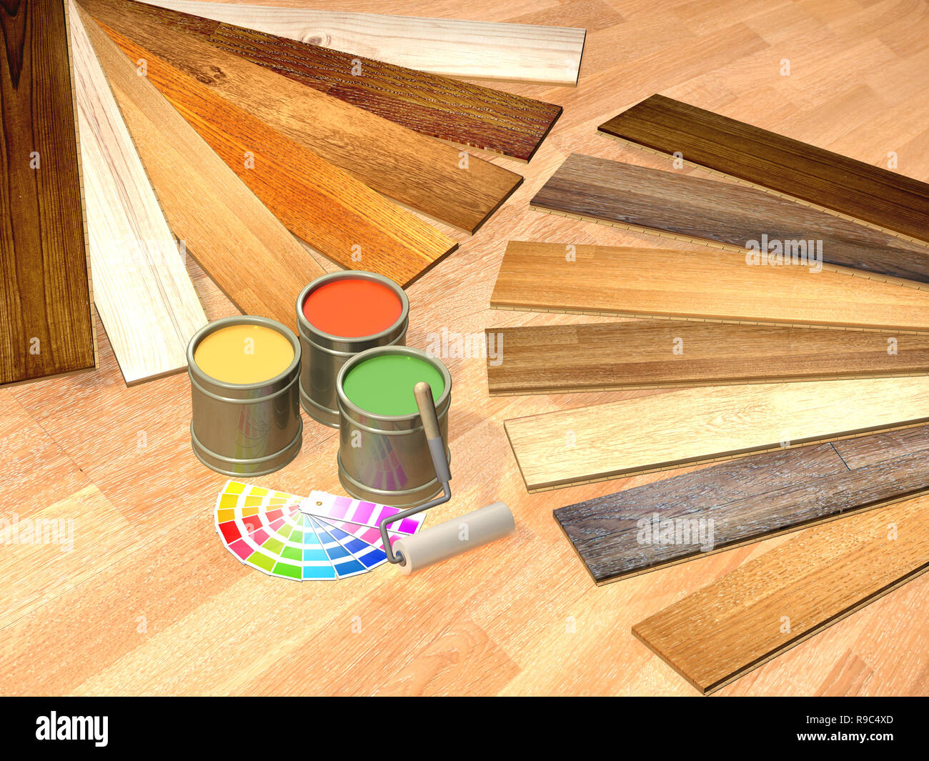 New oak parquet and paints on wooden floor. 3d render Stock Photo - Alamy
