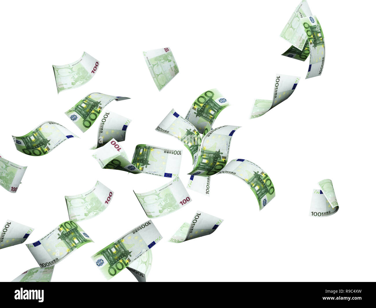 Flying banknotes of hundred euro. Isolated on white background. 3d ...