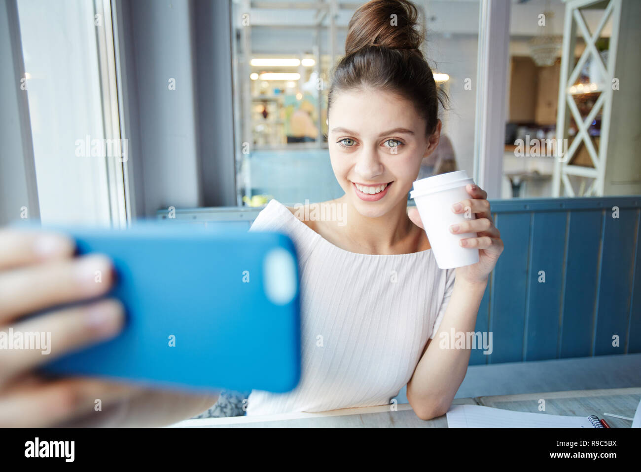 Selfie in cafe Stock Photo - Alamy
