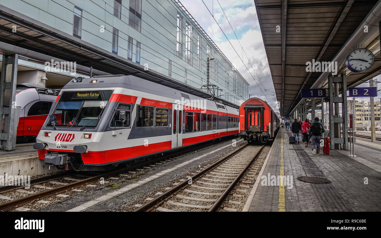 Linz, Austria - Oct 25, 2018. Trains at railway station in Linz ...
