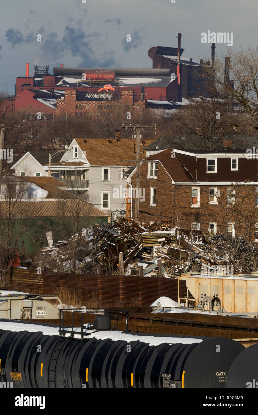 ArcelorMittal steel mill buildings and residential neighborhood in the ...
