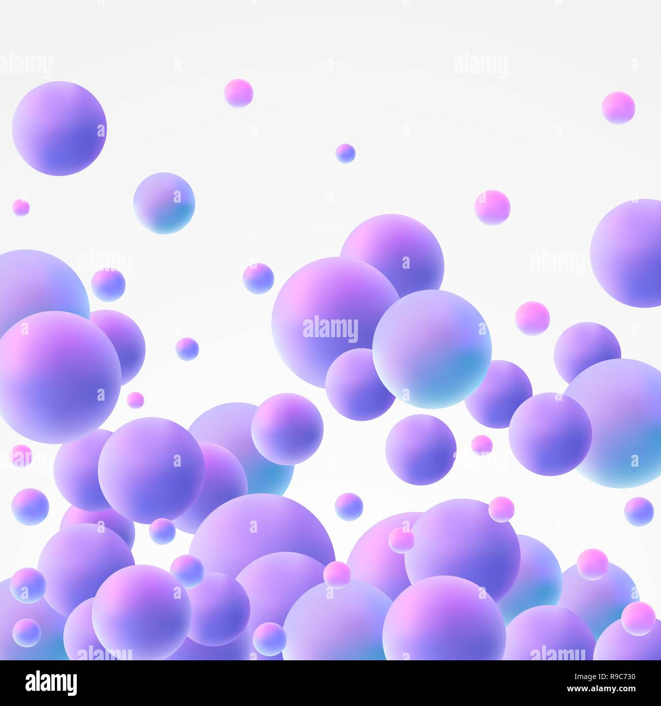 Many big and small colourful balls falling down on white background ...