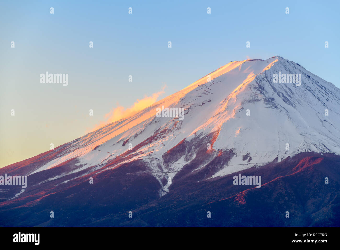Close up top of beautiful Fuji mountain with snow cover on the top with ...
