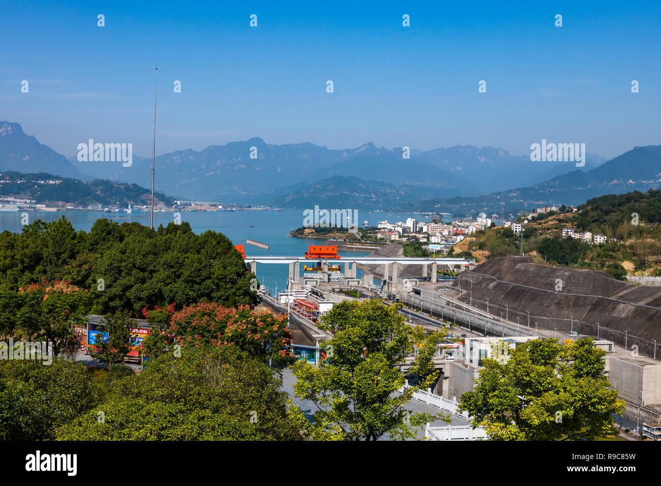 Three gorges dam- view of ship lifts and locks from lookout Stock Photo ...