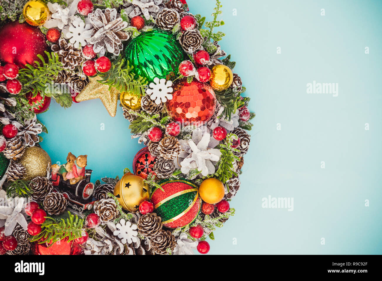 Top view Beautiful traditional bright Christmas wreath decorated with ...