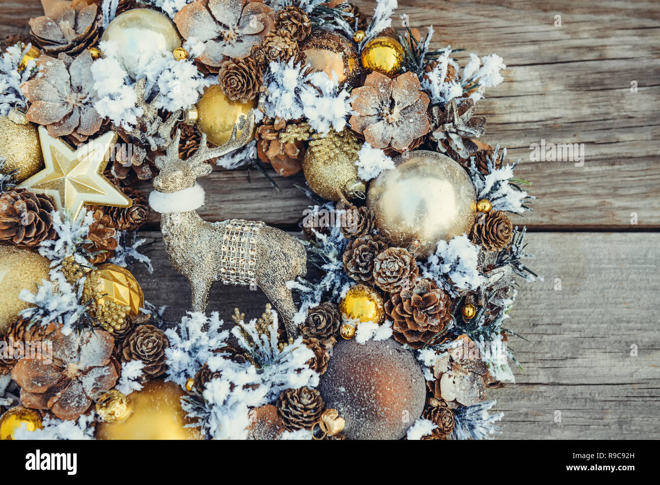 Top view Beautiful hand made golden Christmas wreath decorated with ...