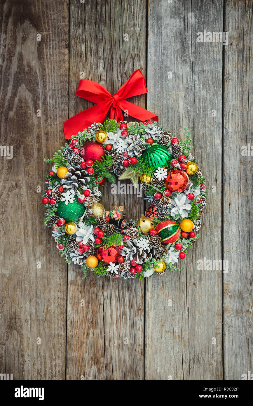 Top view Beautiful hand made bright Christmas wreath decorated with ...