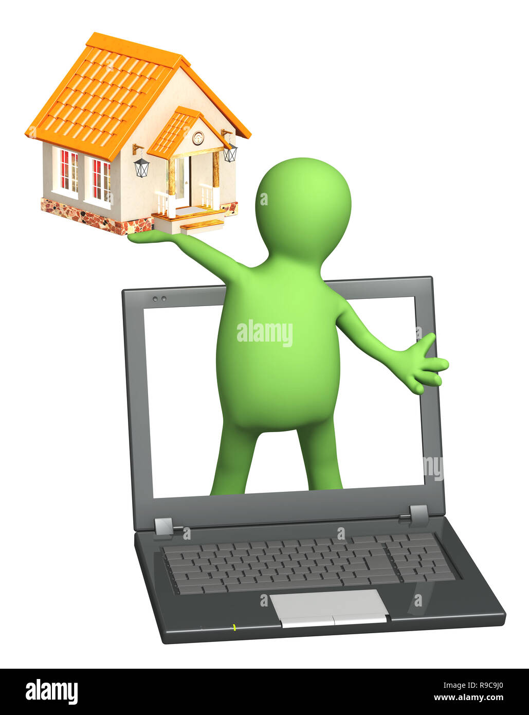 Puppet with laptop and house. Isolated over white Stock Photo - Alamy