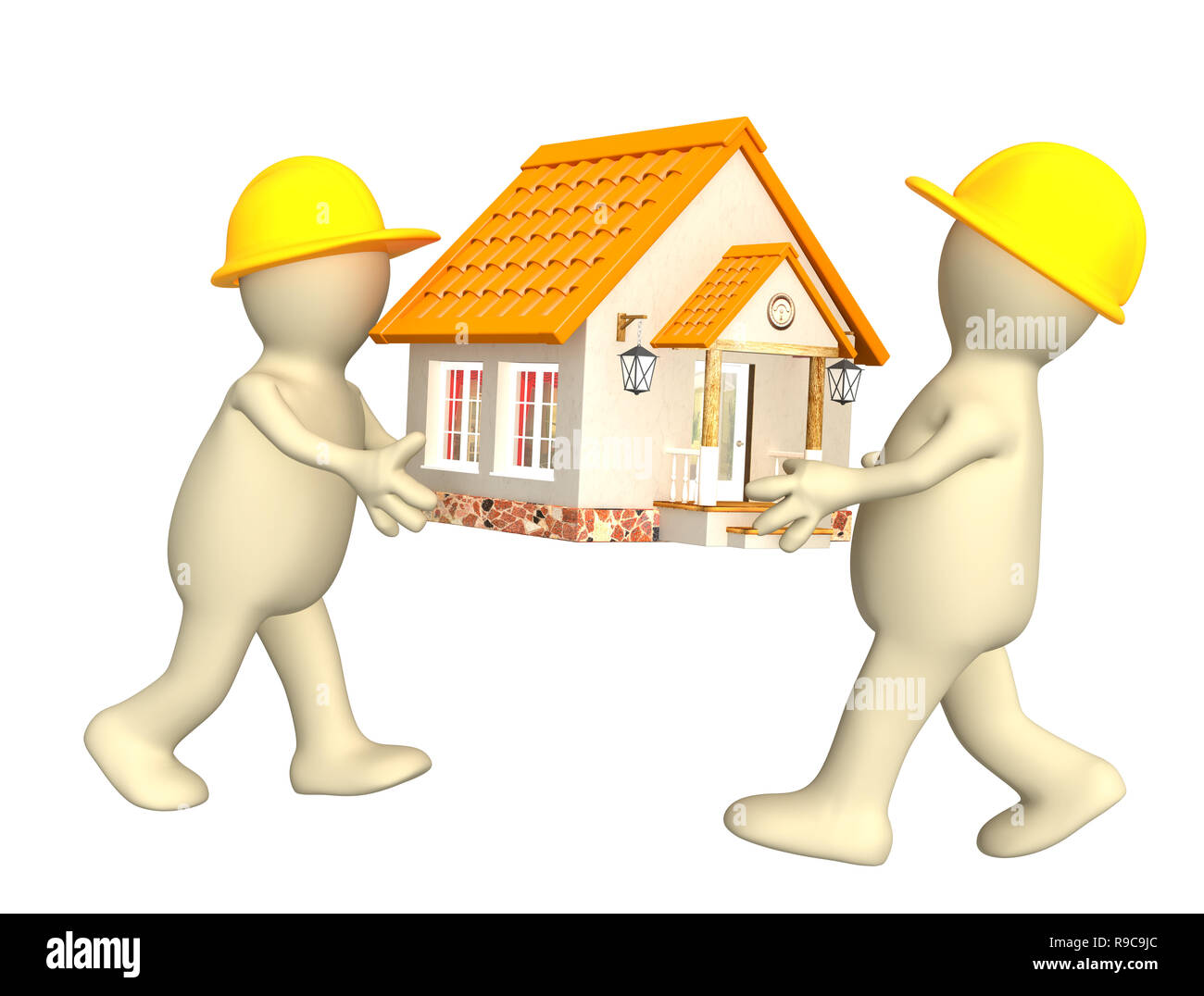 Two builders - puppets with new house. Isolated over white Stock Photo ...