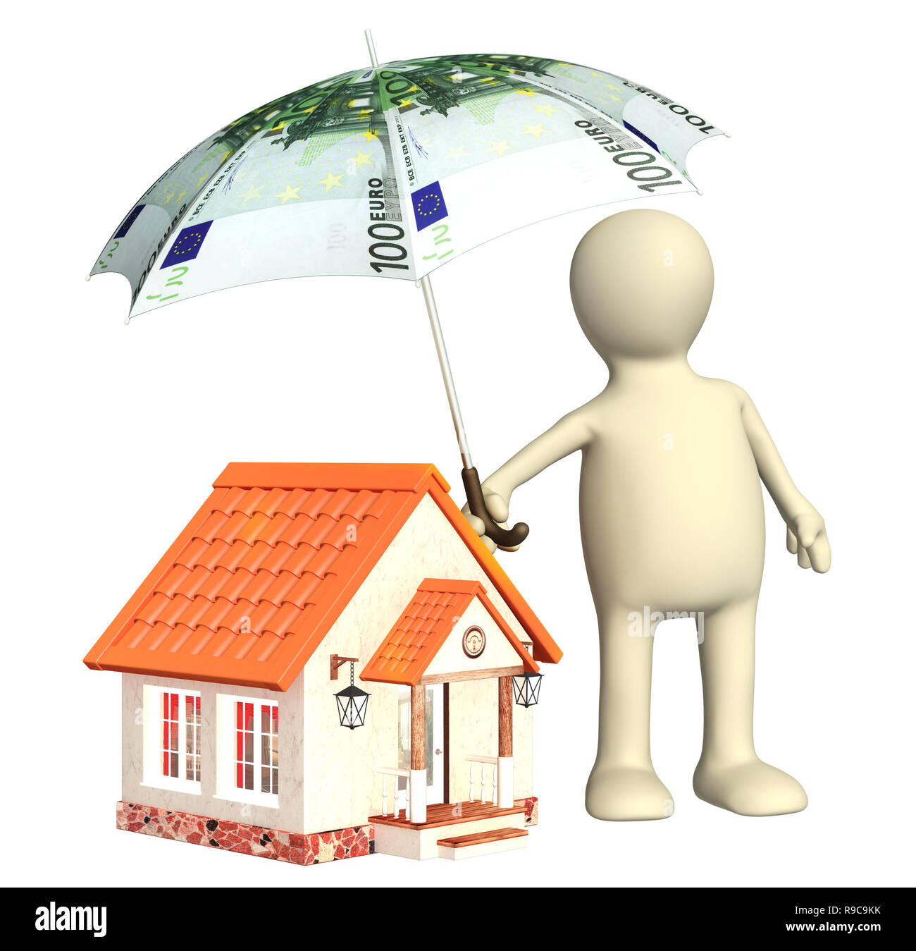 Financial protection. Puppet with umbrella and house Stock Photo - Alamy