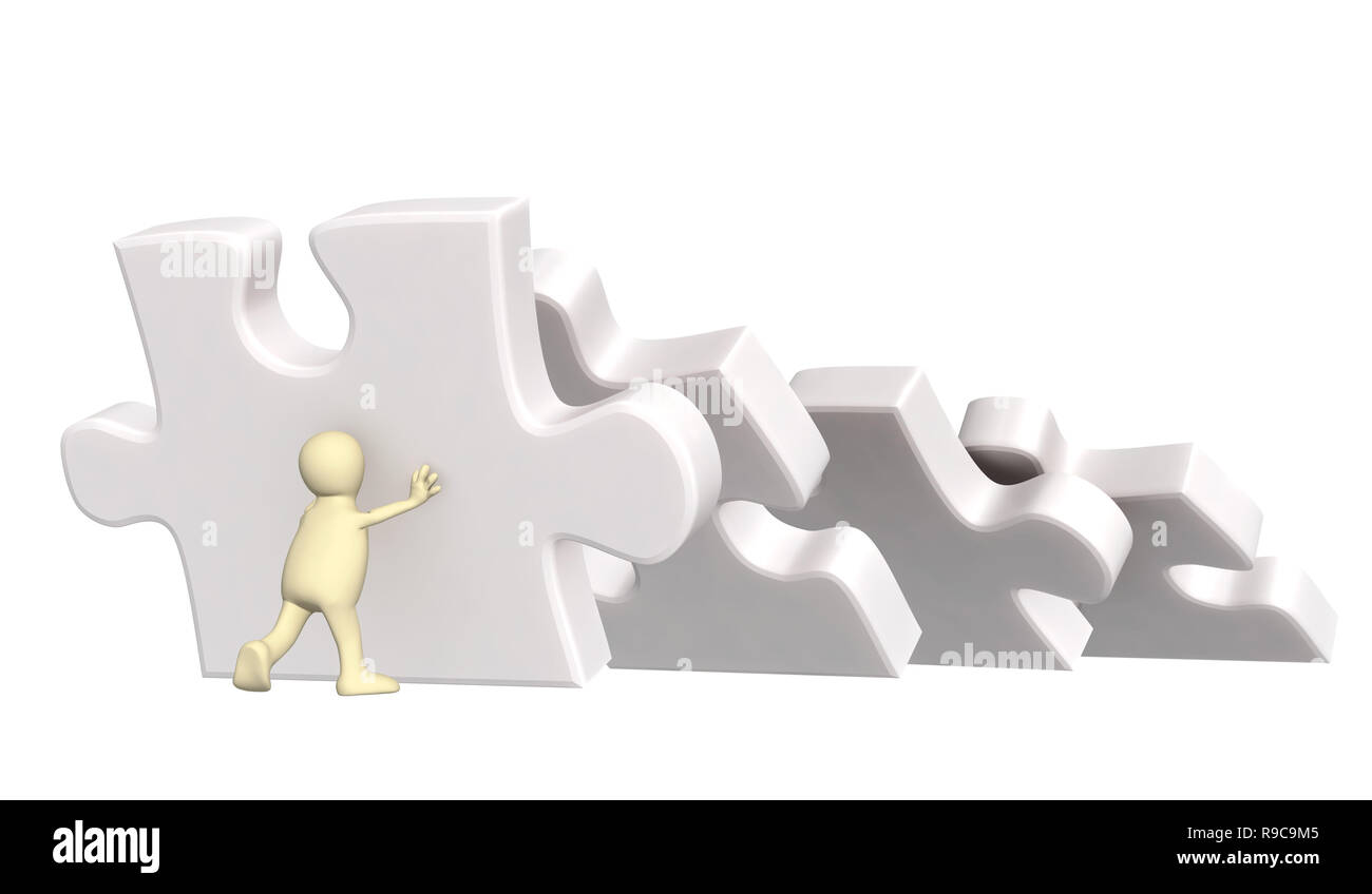 3d puppet, supporting falling parts of puzzles. Isolated over white ...