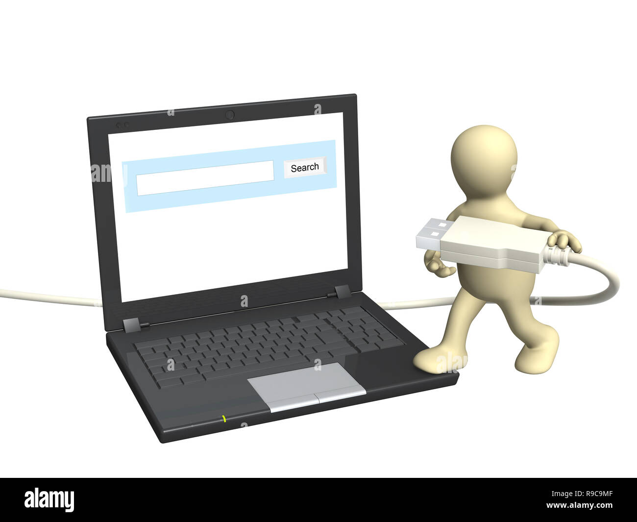 3d puppet with laptop and usb cable. Isolated over white Stock Photo ...