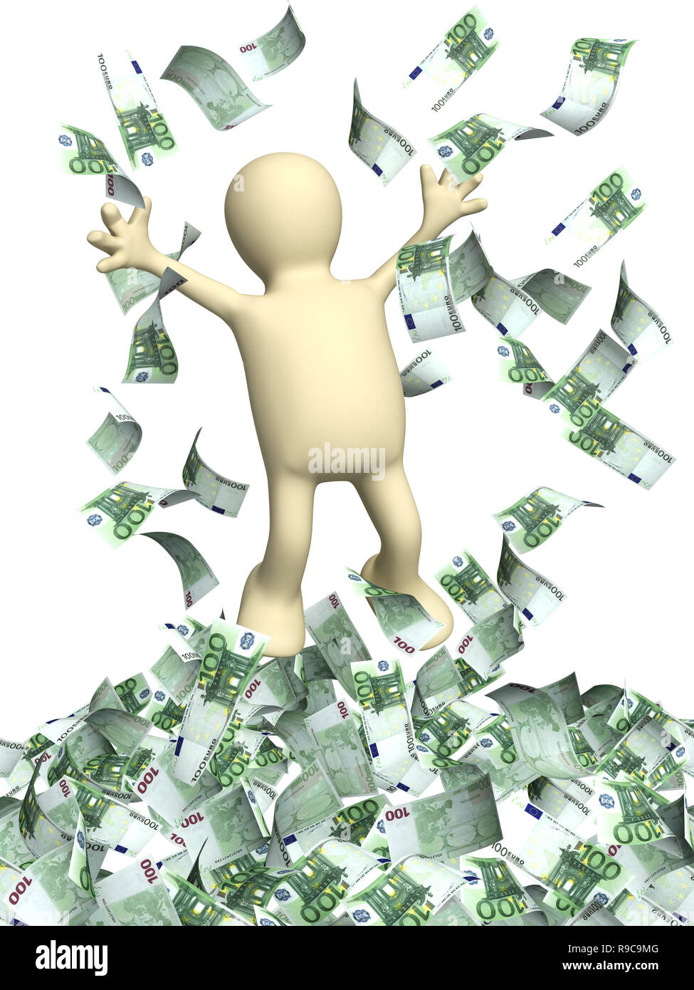 Happy puppet and a money rain. Isolated over white Stock Photo - Alamy