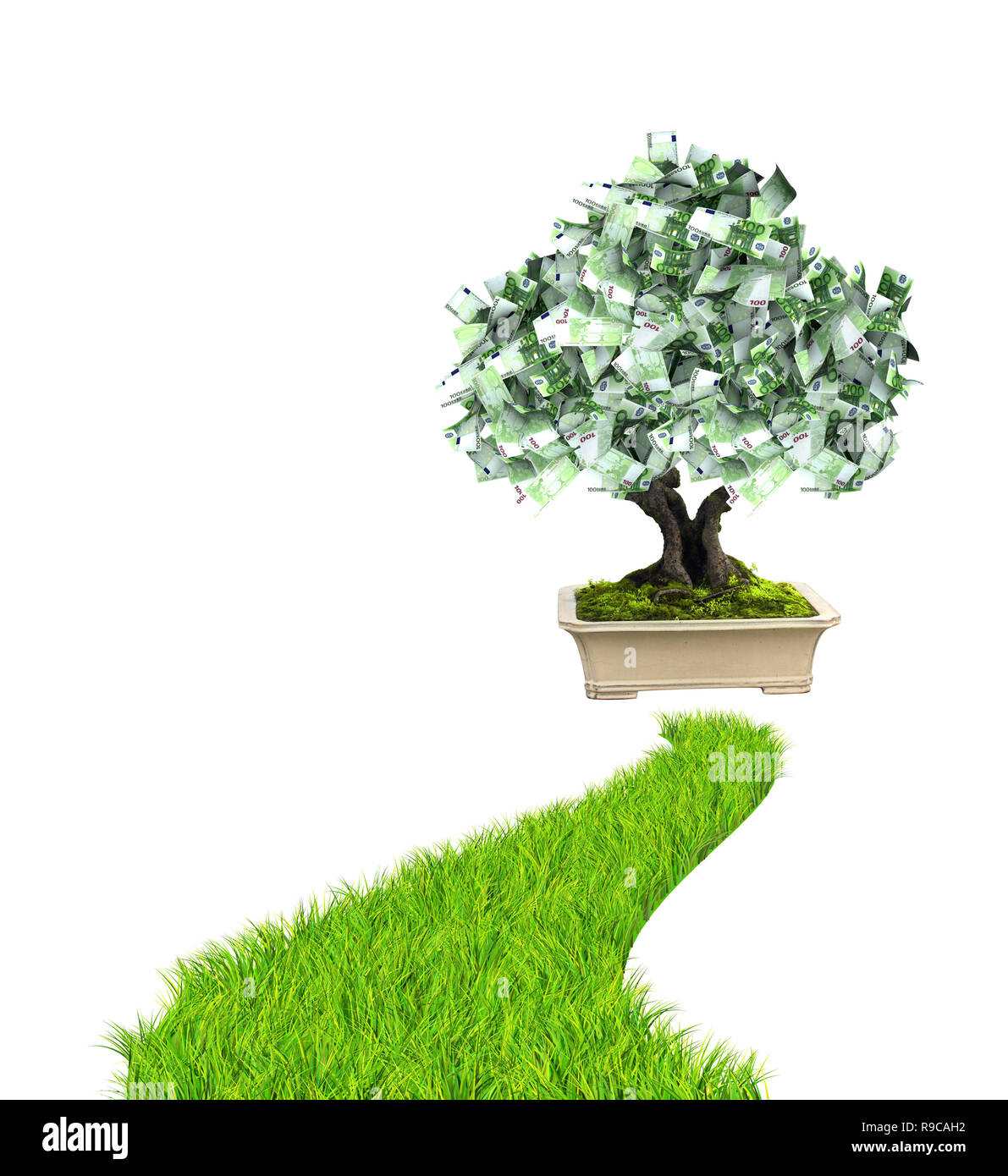 3d money tree euro banknotes and road with green grass. Isolated on ...