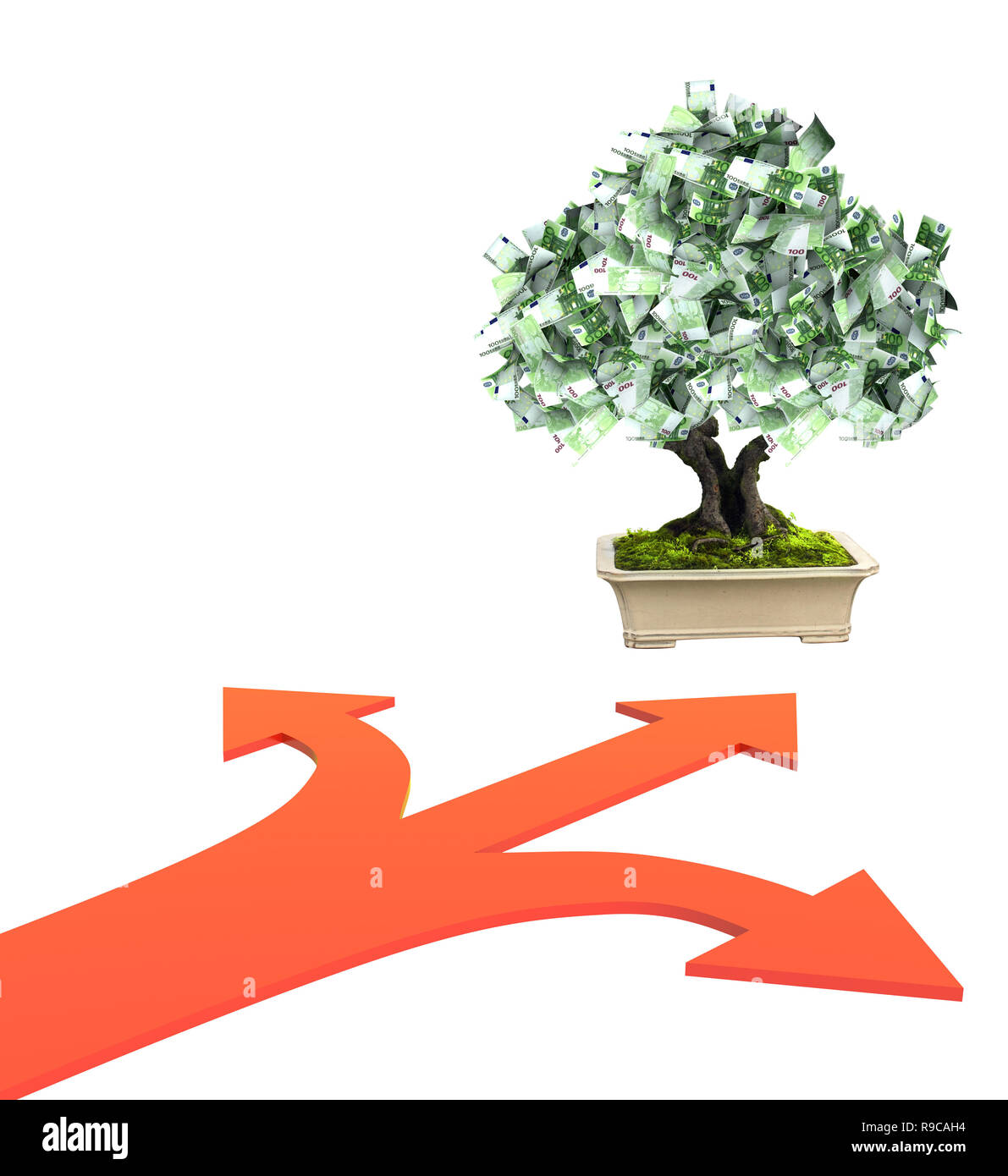 3d money tree euro banknotes and three bound arrows of red color ...