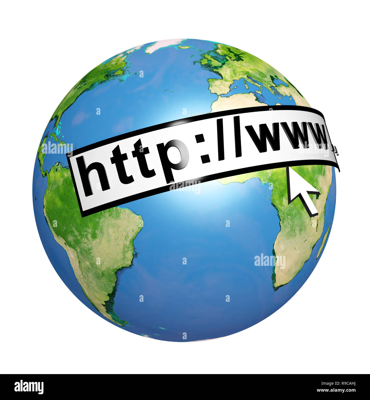 Conceptual 3d image - global communications. Planet Earth, web address and computer mouse cursor ...
