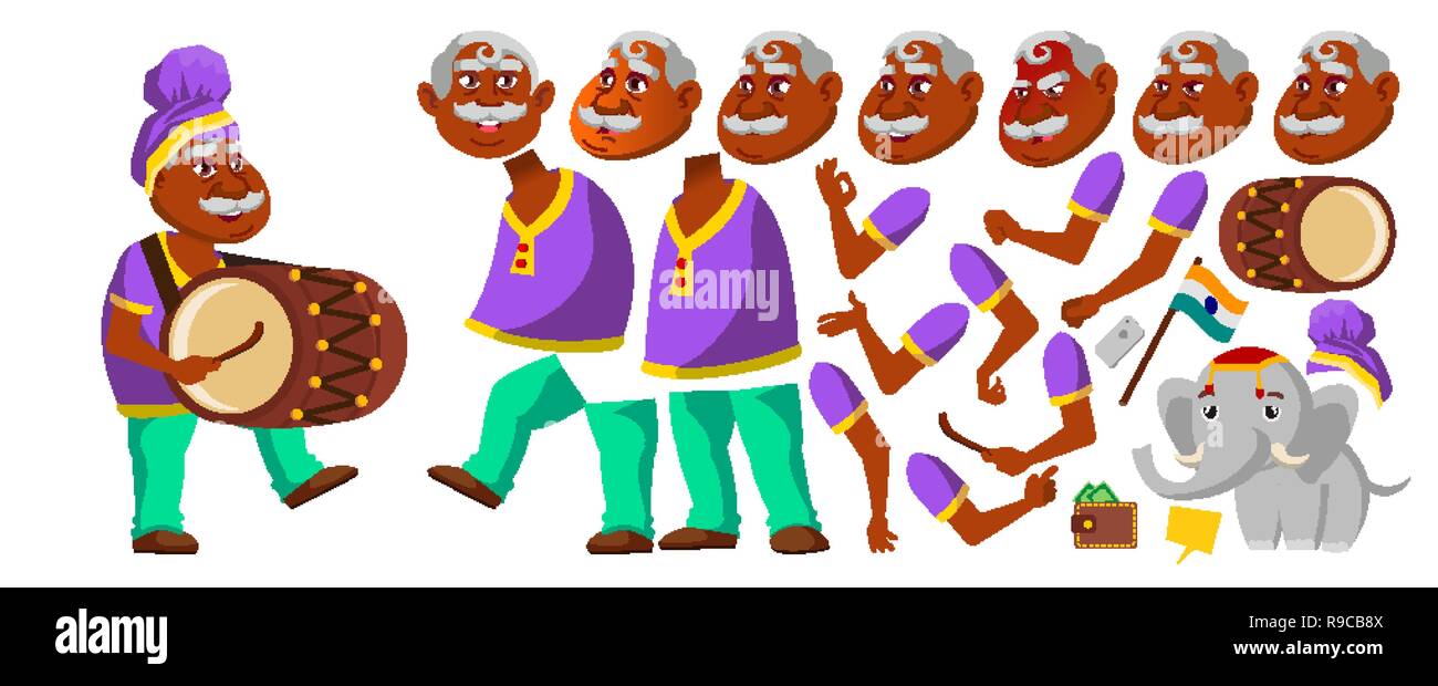 Indian Old Man Vector. Hindu. Asian. Senior Person With Drum, Tutban ...