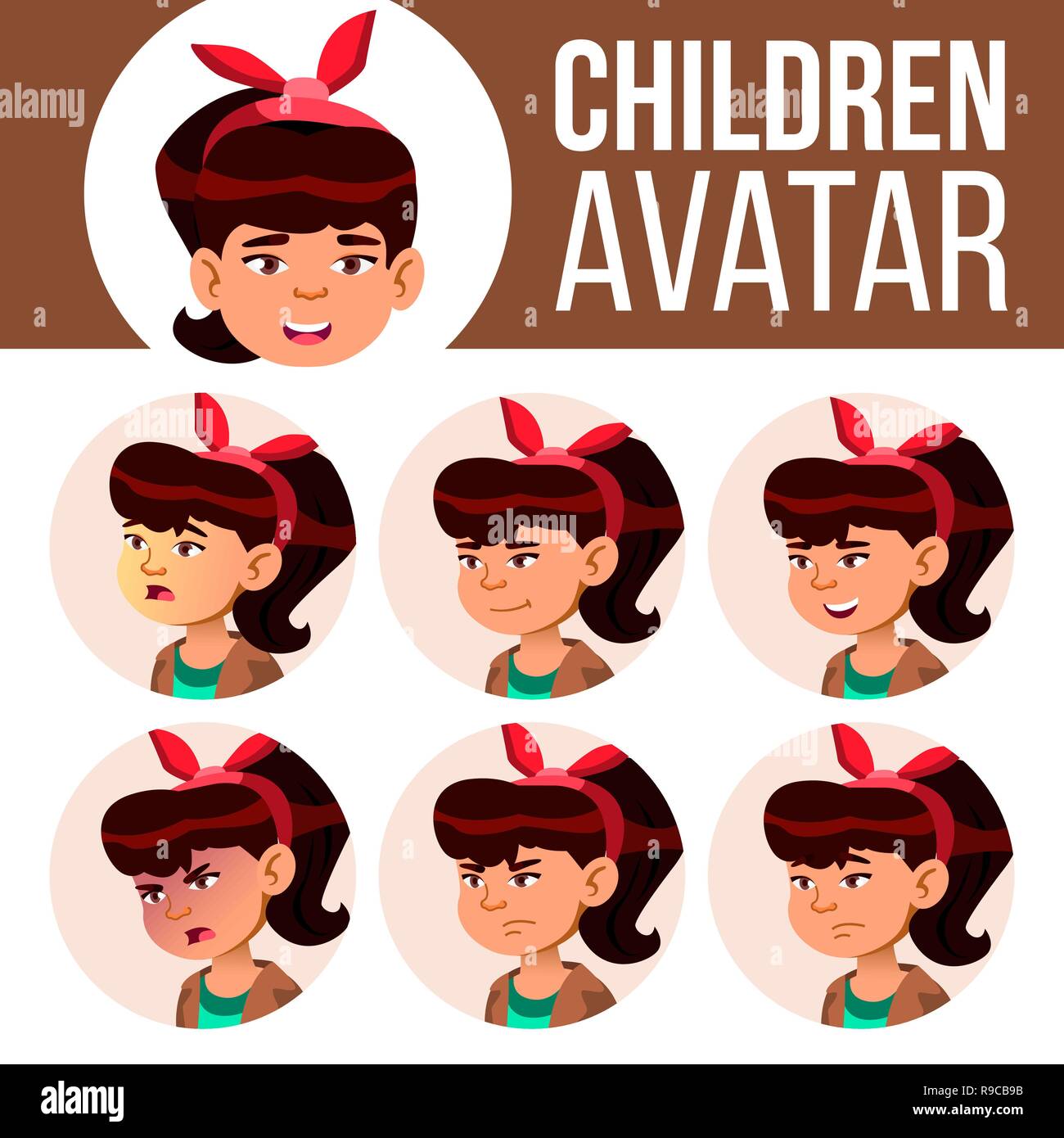 Asian Girl Avatar Set Kid Vector. High School. Face Emotions. High ...