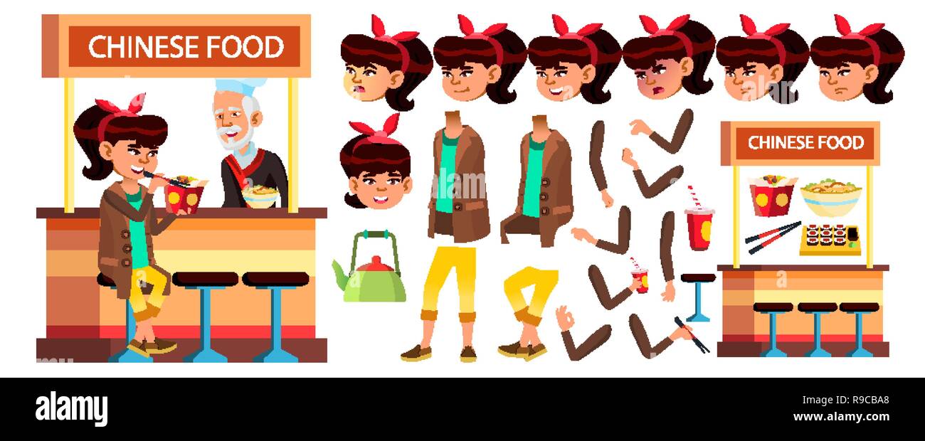 Asian Girl Kid Vector. High School Child. Animation Creation Set. Face ...