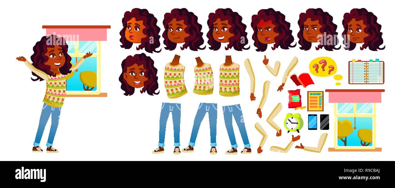 Indian Girl Kid Vector. High School Child. Animation Creation Set. Face ...