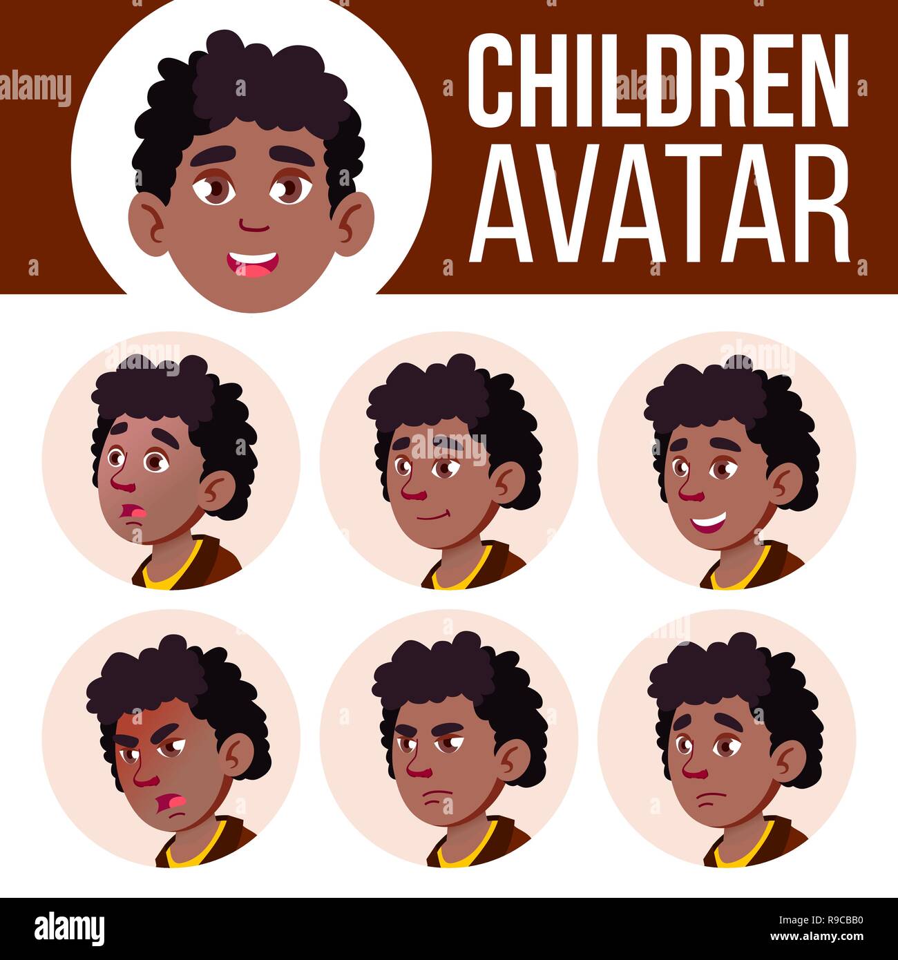 Boy Avatar Set Kid Vector. Black. Afro American. Face Emotions ...