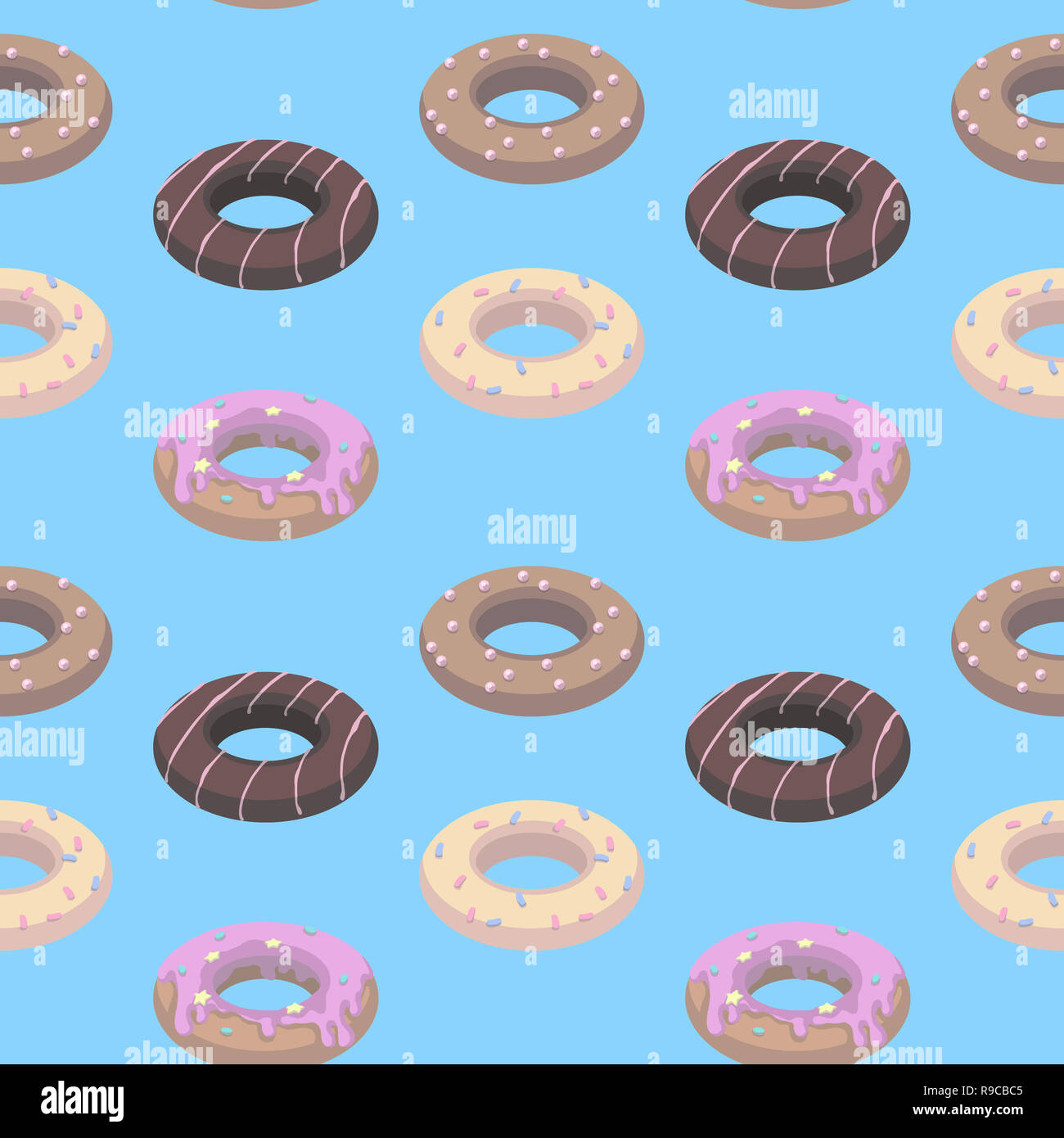 Colorful blue cartoon style glazed donut food seamless pattern Stock ...