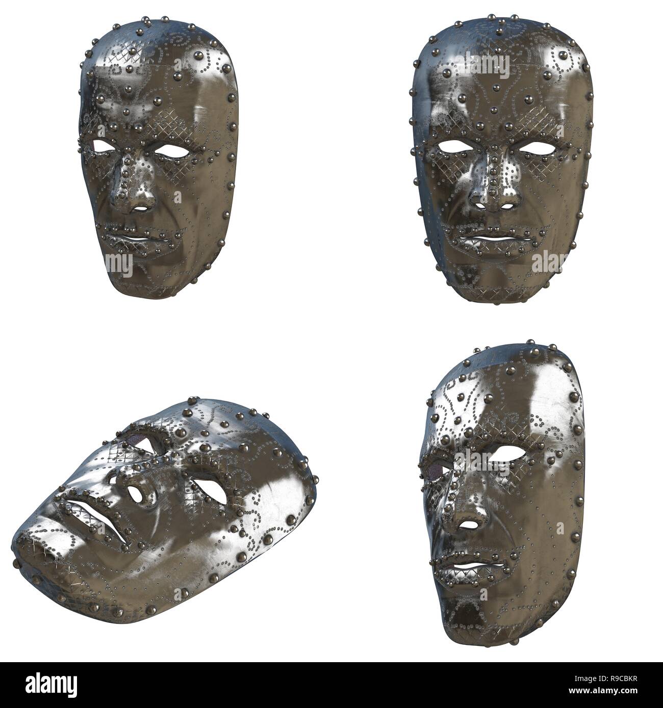 iron fantasy mask on face with patterns on isolated white background ...